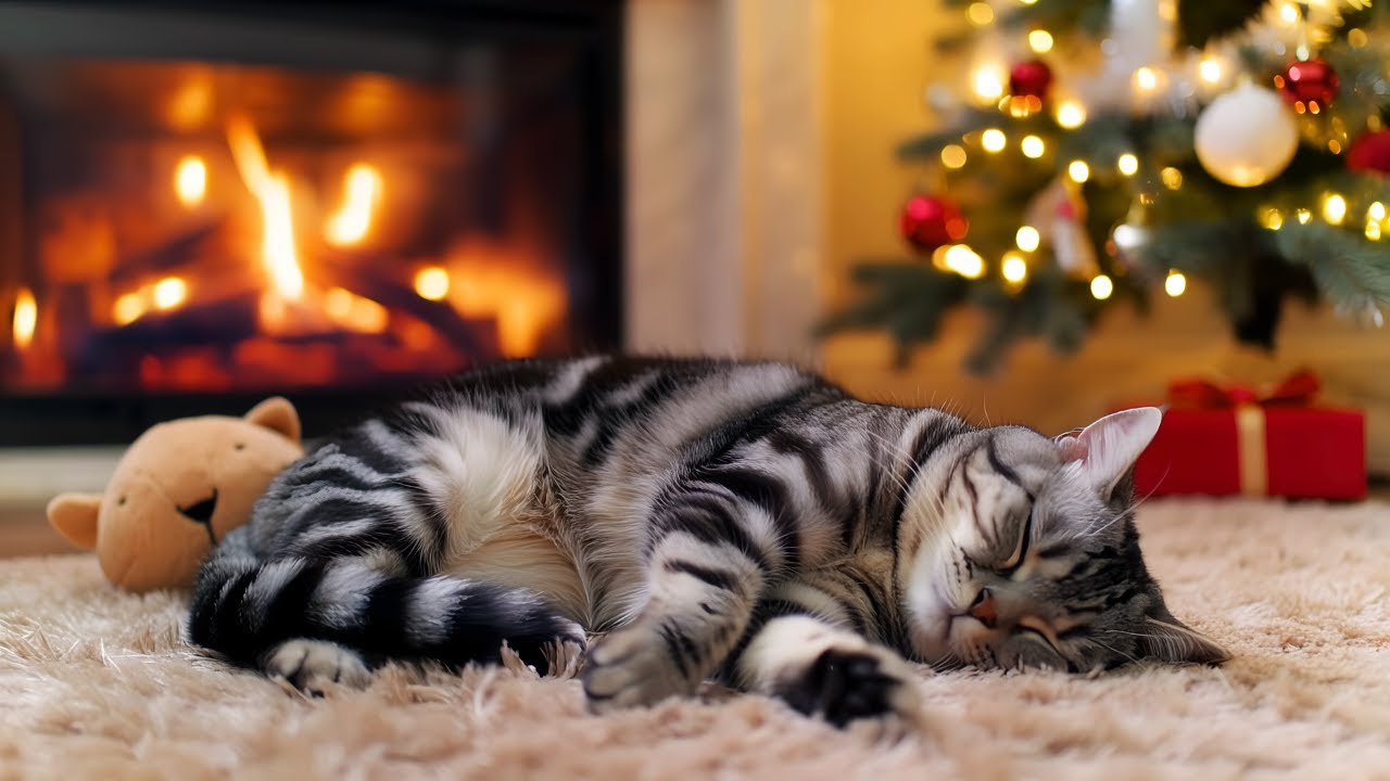 Cat Purring ASMR with Cozy Fireplace 🔥 Deep Sleep Music for Cats and ...