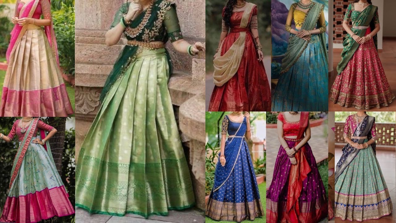 BEAUTIFUL SILK HALF SAREES WITH CONTRAST BLOUSE IDEAS FOR FESTIVALS ...