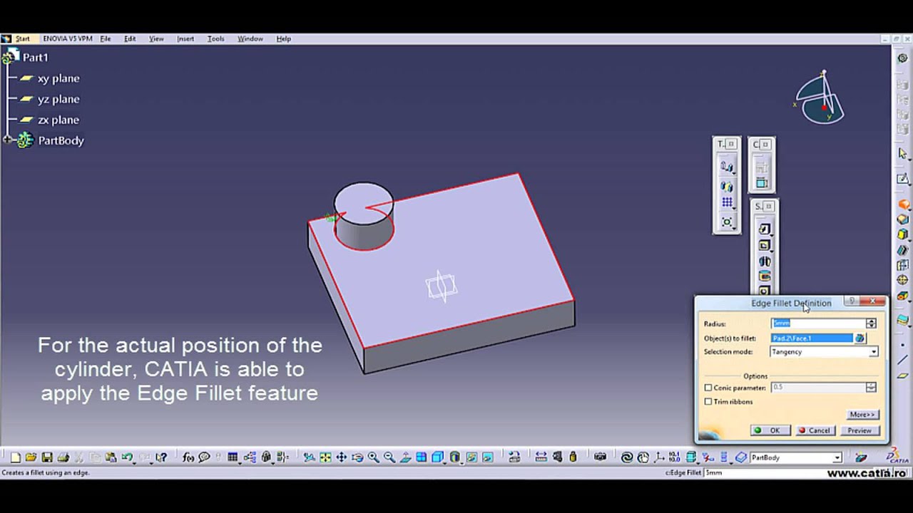 CATIA v5 Deactivate feature cut and paste to create an edge fillet ...