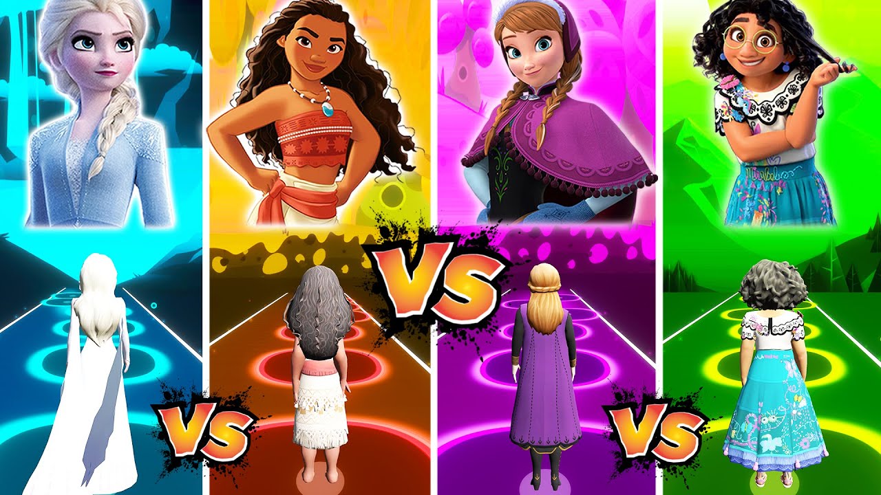 Frozen Elsa Vs Moana Vs Anna Vs Encanto Mirabel - Tiles Hop! Let It Go ...