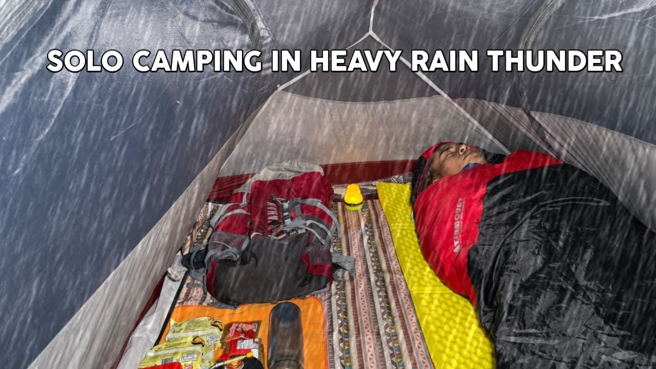 solo camping overnight in heavy rain and thunderstorm - relaxing in ...