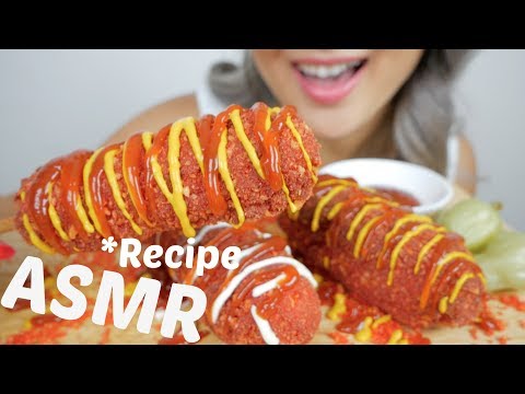 Hot Cheetos Mozzarella Corn Dog *RECIPE | ASMR *Soft, Crunchy Eating Sounds | N.E Let's Eat