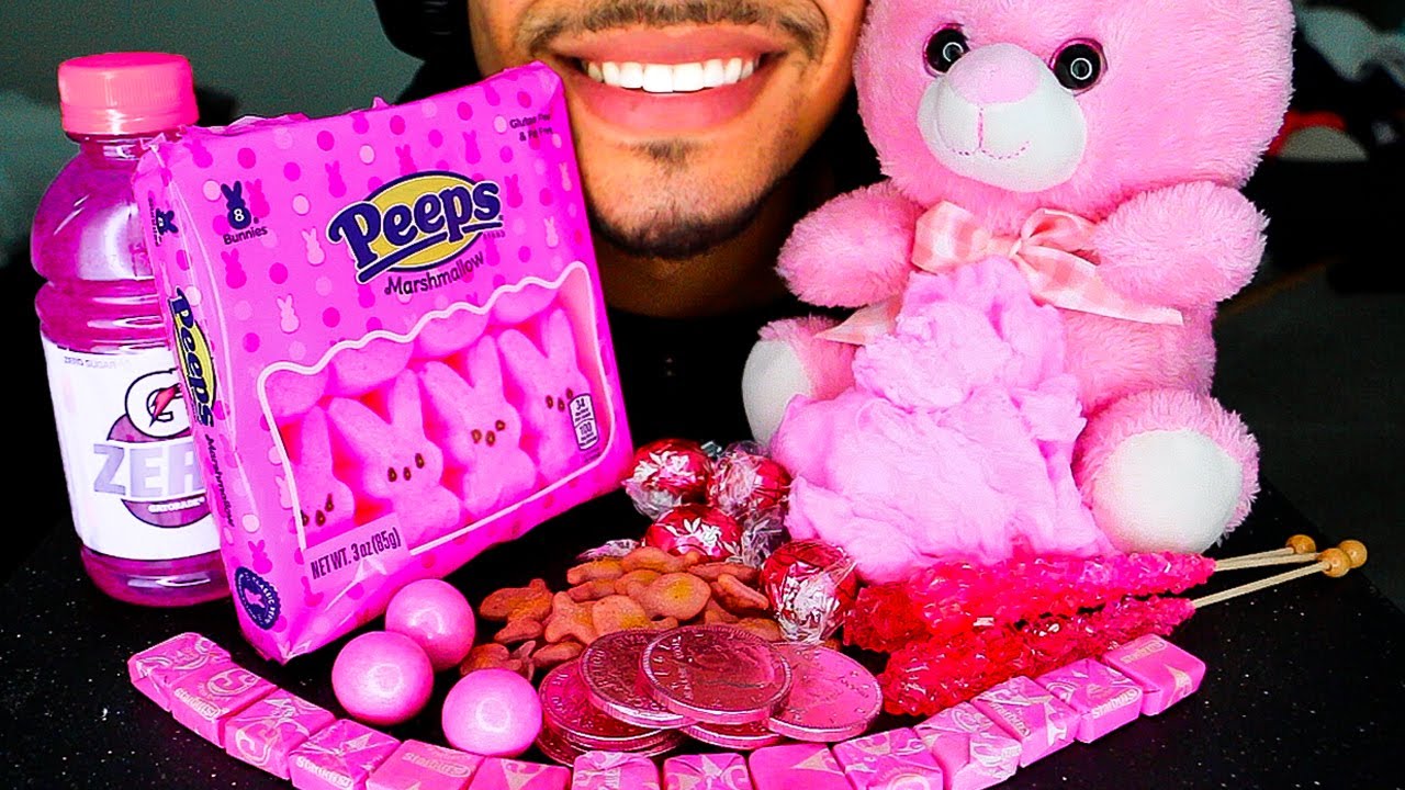 ASMR PINK FOOD COLOR ONLY CHALLENGE TEDDY BEAR FLUFFY STUFFING PEEPS ...