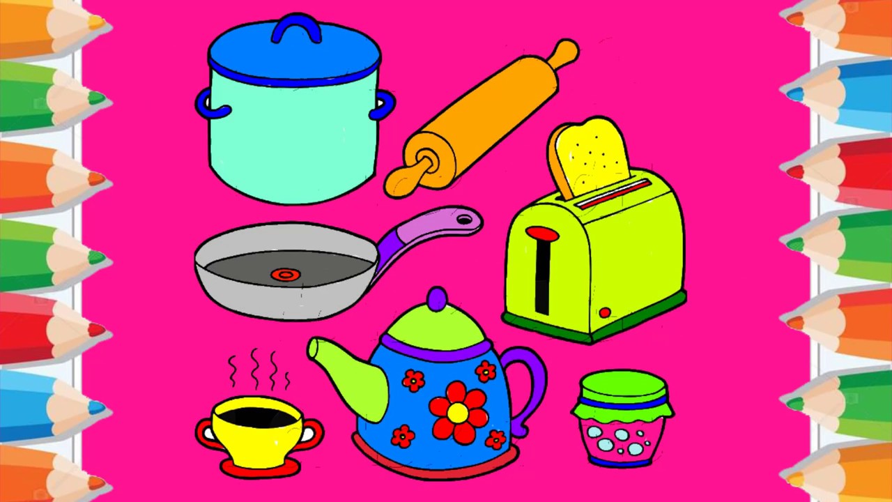 kitchen set colorin images Coloring for Kids Kitchen Equipment - YouTube