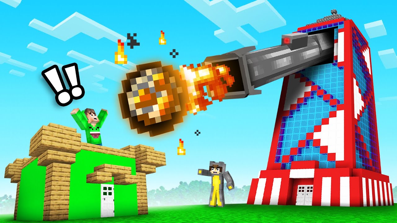 I BUILT A FIRE CANNON DEFENSE In Our Minecraft World! (revenge) - YouTube