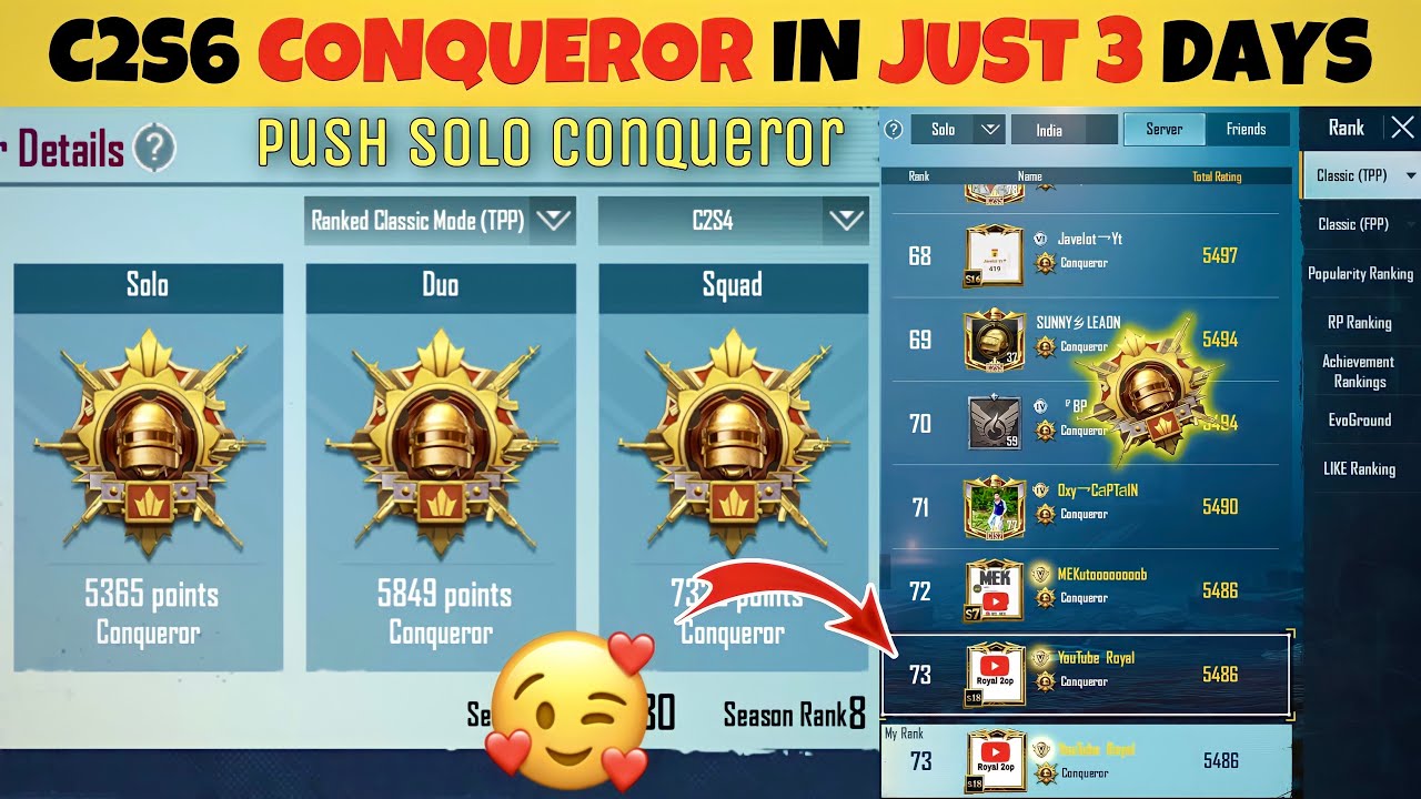 🔥C2S6 Conqueror In Just 3 Days | Solo Rank Push Tips & Tricks C2S6 ...