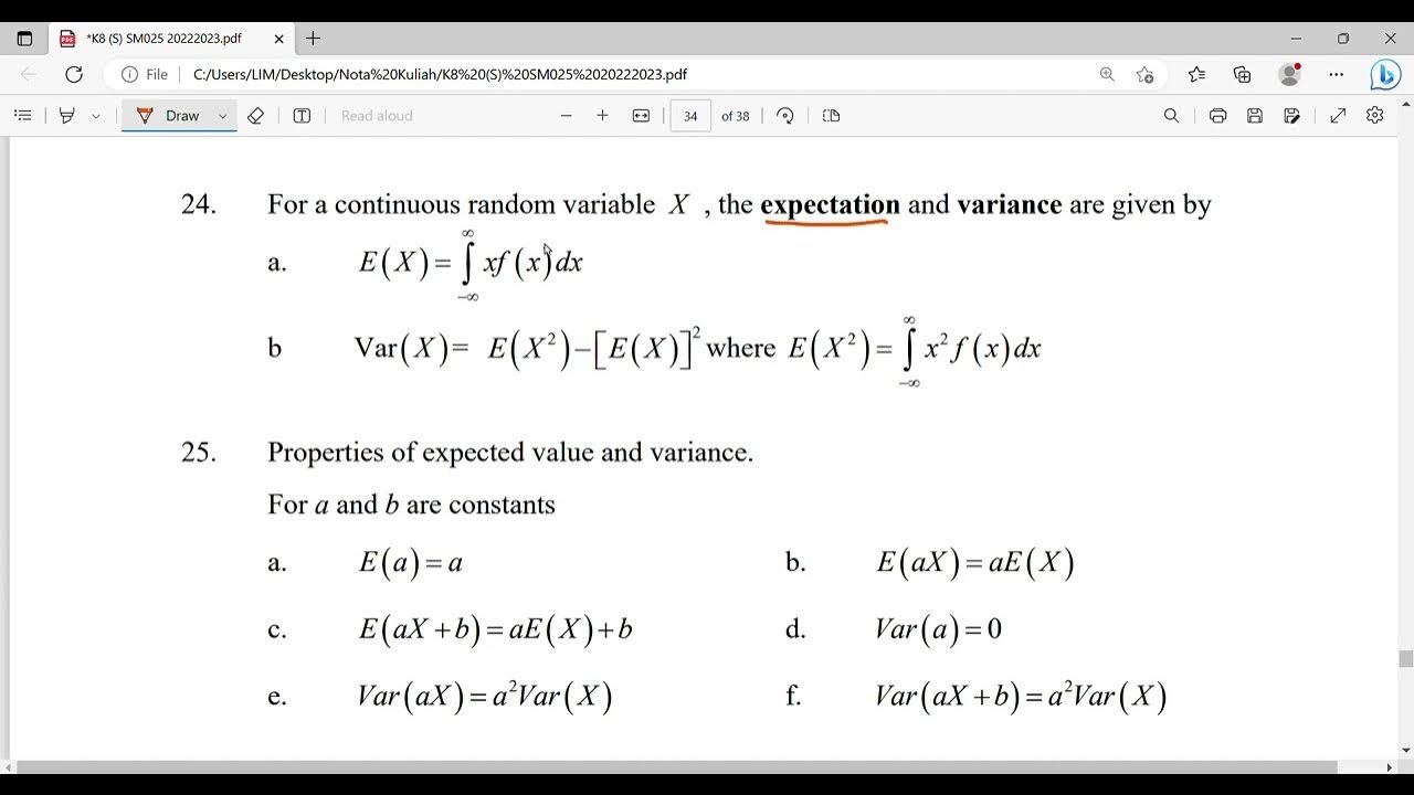 N8.2 K2 Continuous Random Variables-Expectation Values E(x), Variance Var(x) And Properties ...