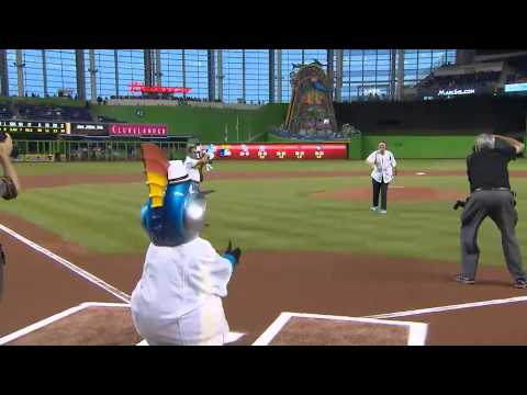 Dr. Jan Bell Throws Out First Pitch at Marlins Stadium - YouTube