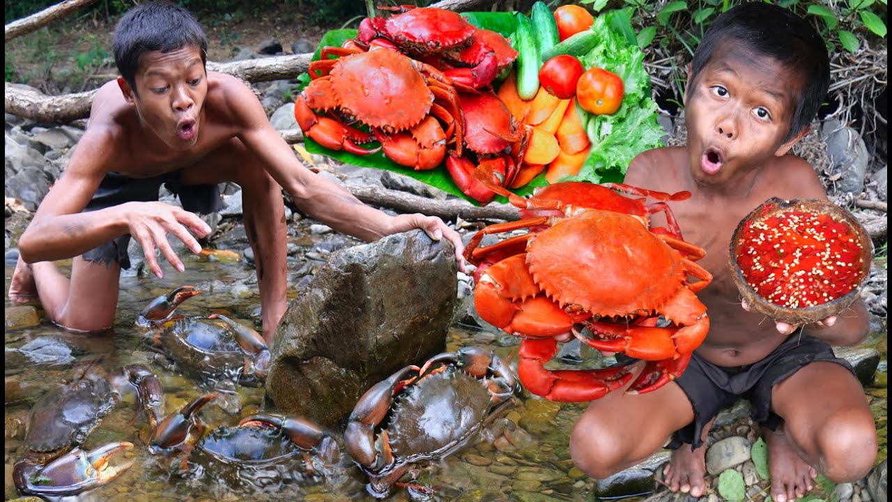 Primitive Technology - Meet Crab At Waterfull And Cook Eat ( Kmeng Prey ...