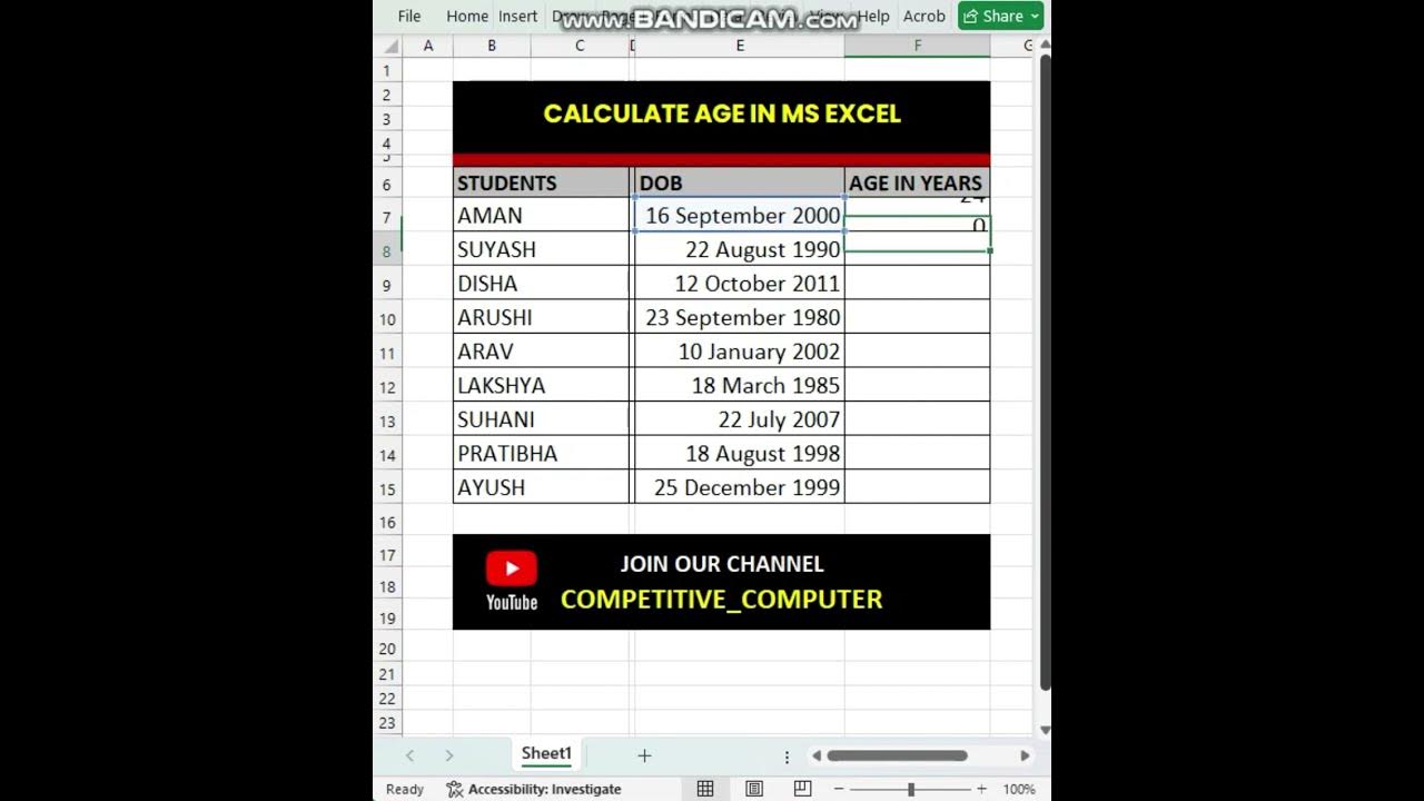 Calculate your Age in Excel #exceltips #excelmagictrick - YouTube