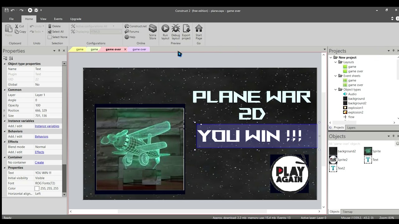 CONSTRUCT 2 - PLANE WAR 2D (tutorial bahasa Indonesia & gameplay) Enjoy ...