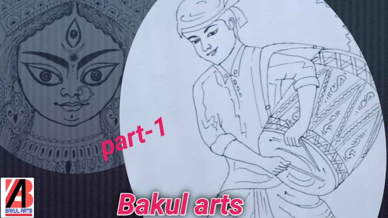 How to draw- a man playing a dhak(part-1).../ Drawing a dhaki for puja ...