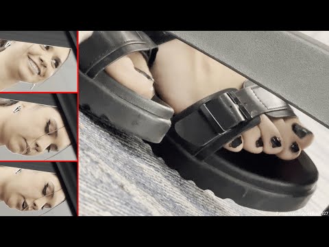 (faceshot) 4K Latina Girl Candid Feet with Black Painted Toes Wearing Black Platforms Sandals