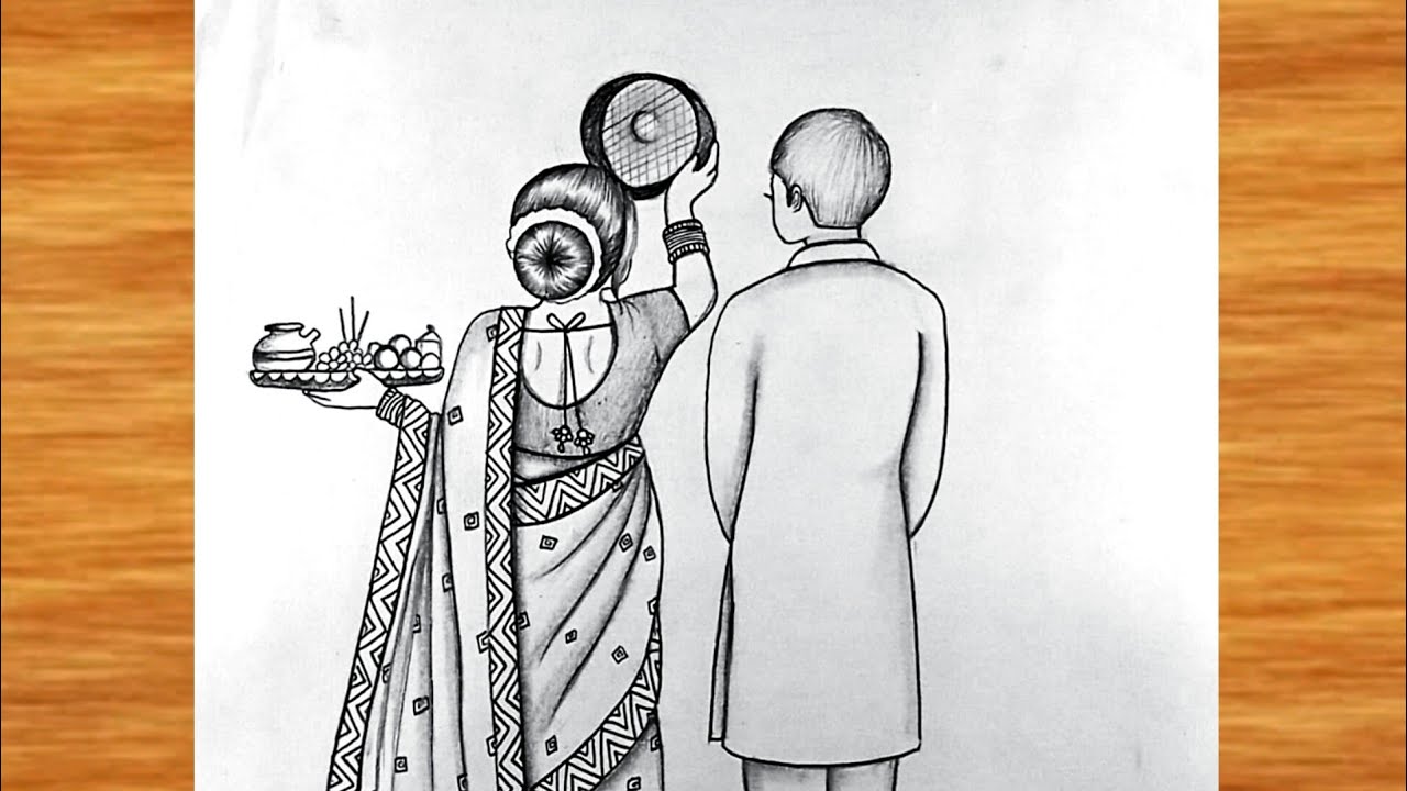 Karva chauth Drawing || Couple celebrate karva chauth || Karva chauth ...