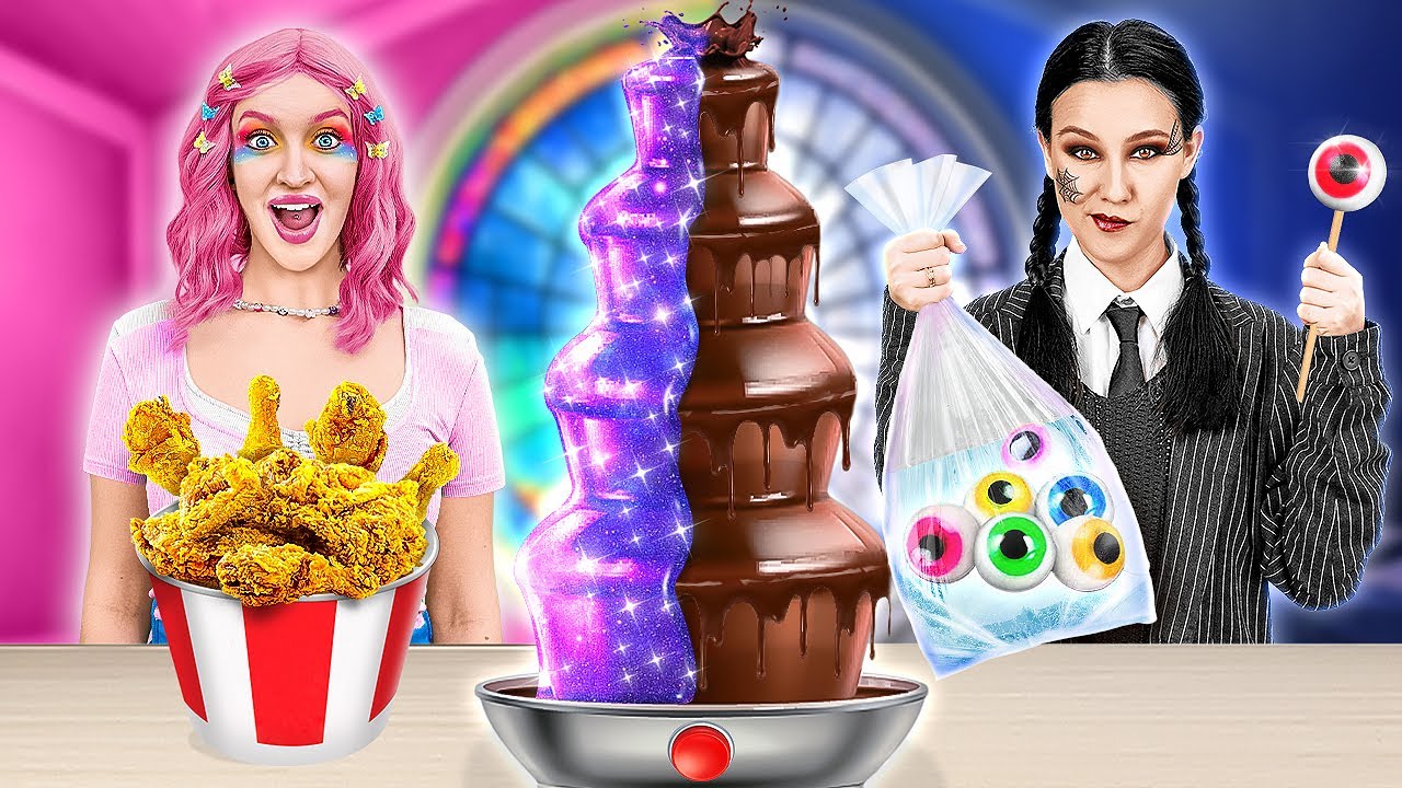 ENID VS WEDNESDAY CHOCOLATE FOUNTAIN CHALLENGE || Funny Battle With ...