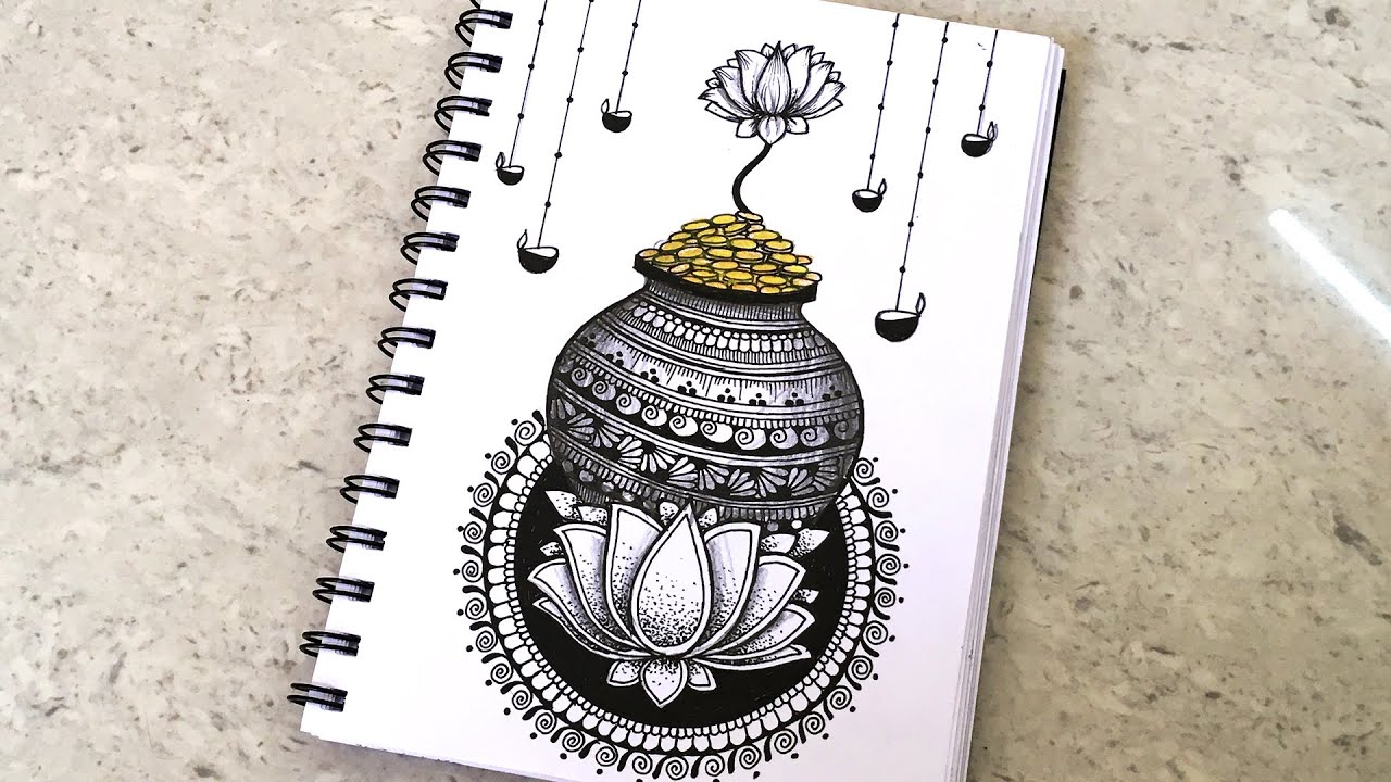 Dhanteras Special Mandala Art | Kalash with Lotus Mandala Drawing - YouTube