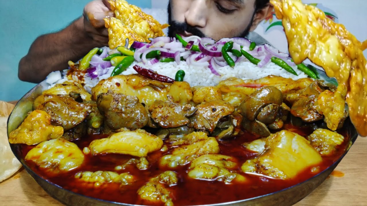 Massive Chicken Liver Curry + Charbi Curry Eating | Spicy Oily Mutton ...