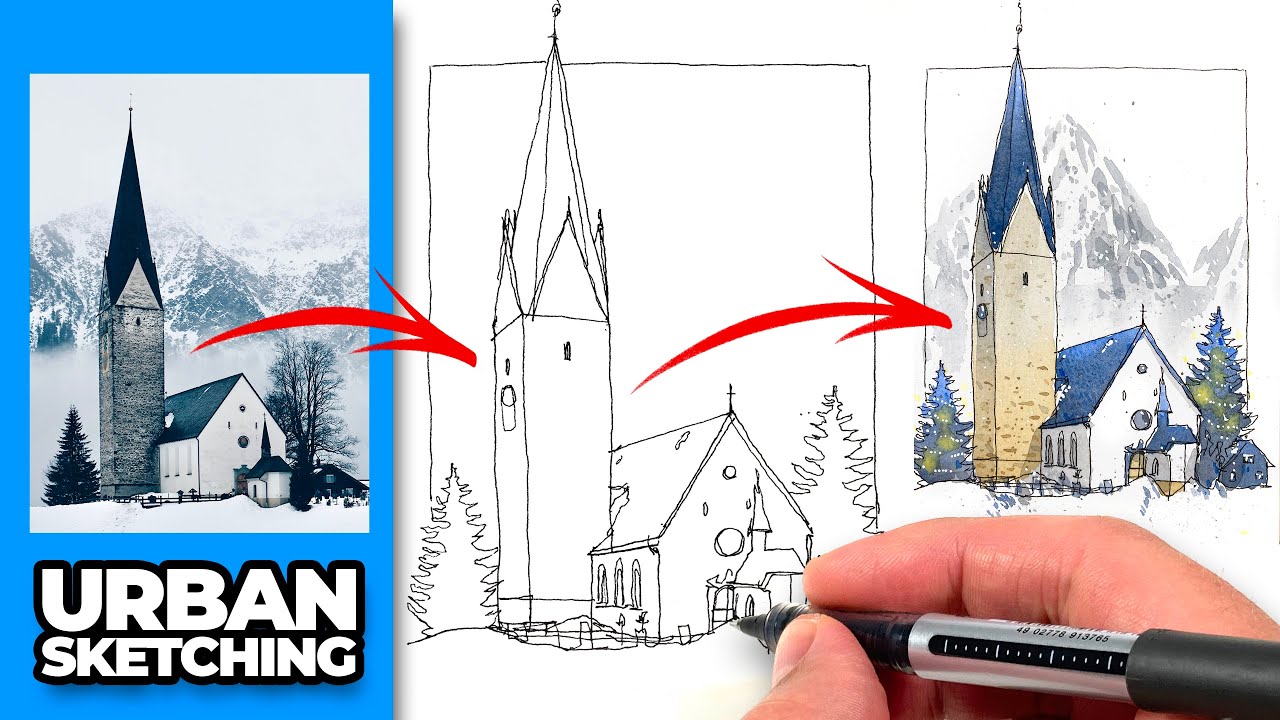 URBAN SKETCHING loose ink & watercolor tutorial | Easy Step by Step ...