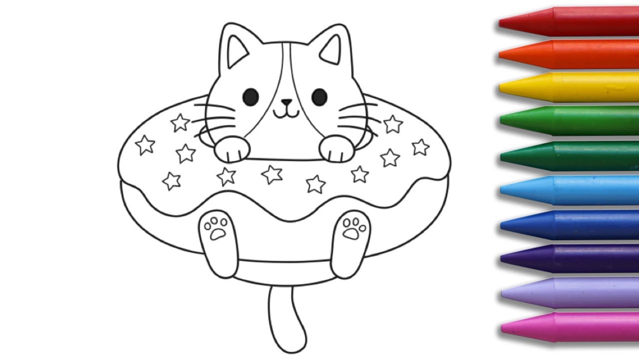 How to draw and color Cat and Donut 🐱 🍩 for kids - Drawing Colouring ...