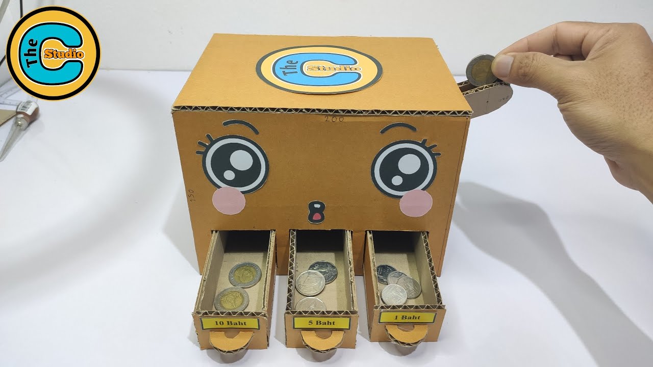 How to make Coin Sorting Box DIY from Cardboard (กระปุกออมสินแยกเหรียญ ...