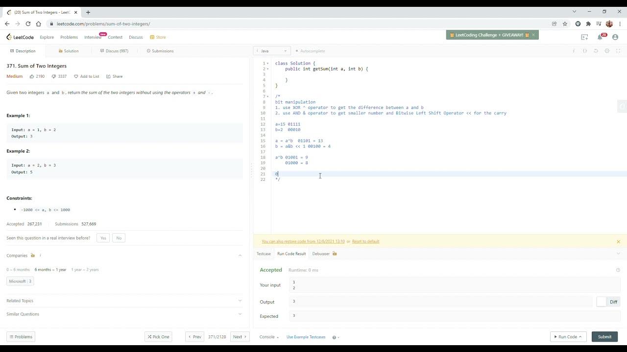 LeetCode 371. Sum of Two Integers - YouTube