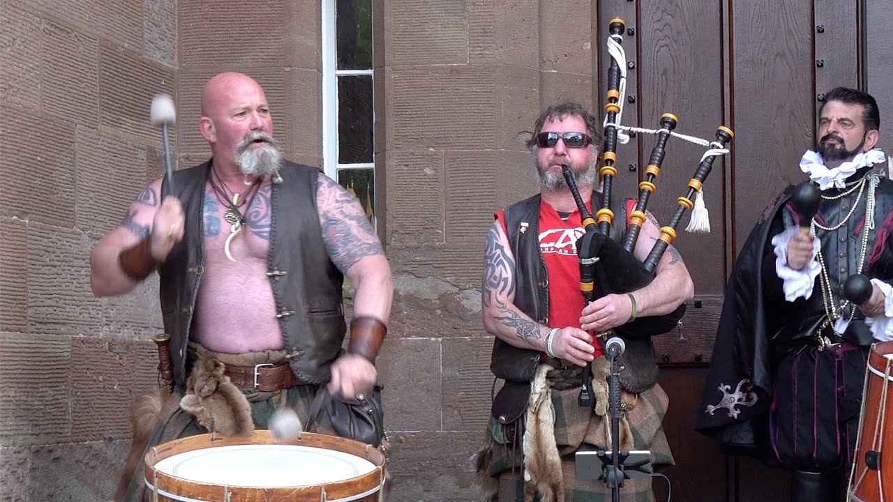 Tribal pipes and drums from Scottish band Clann An Drumma at Scone ...