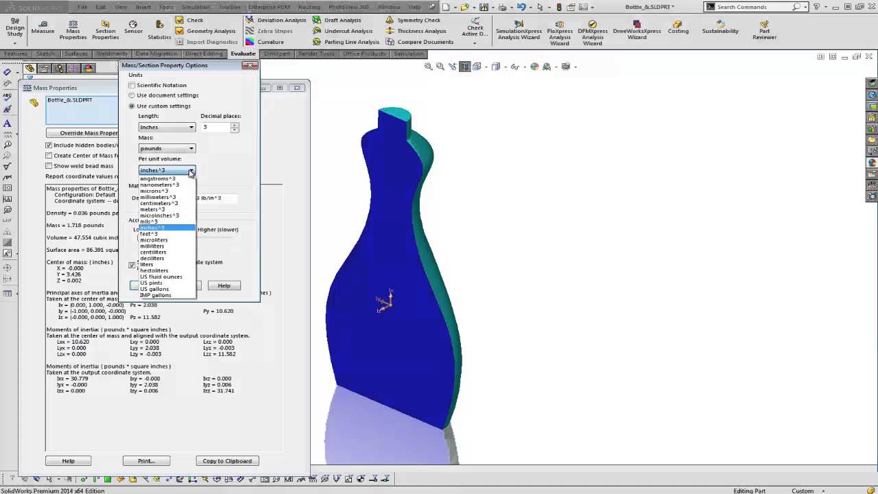 SOLIDWORKS 2014 — New Volume Units for Mass Properties - YouTube