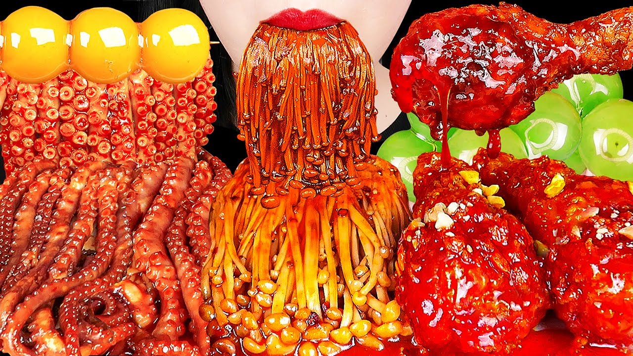 ASMR SPICY ENOKI MUSHROOMS, OCTOPUS, SPICY CHICKEN, TANGHULU 불닭 팽이버섯 ...