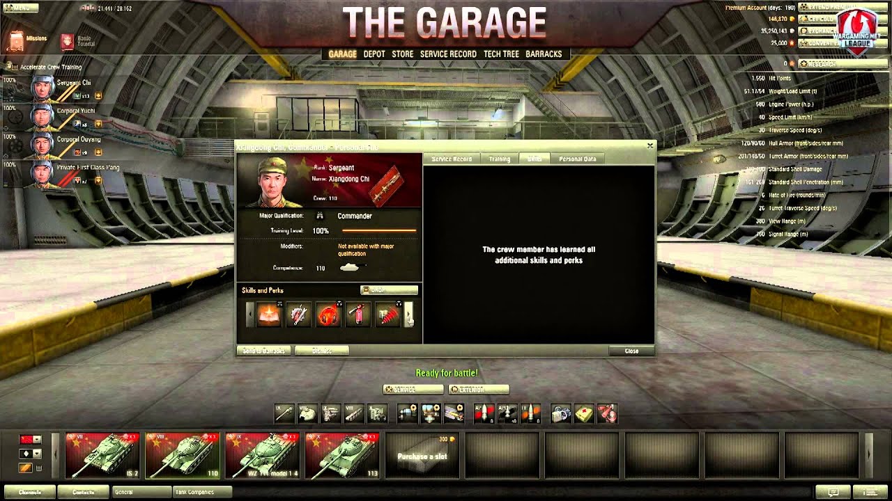 World of Tanks. The Garage #33. 110 Equipment and Crew Skills - YouTube