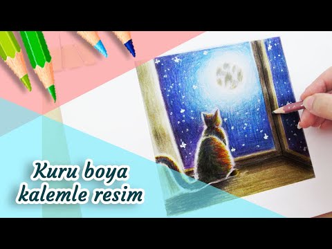 Süper Ay'a bakan Kedi'nin resmi / Kuru boya kalemle resim / Painting of a Cat looking at super Moon