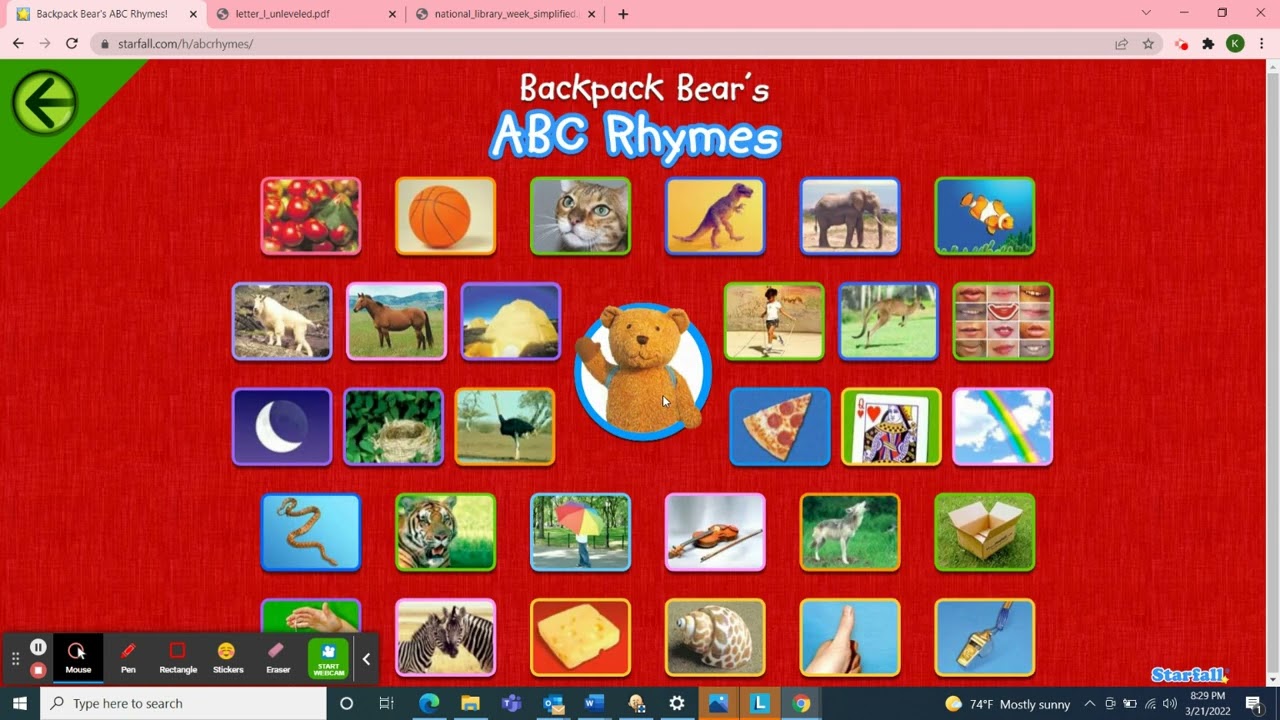 Class Meeting:3/21/22 Starfall Music/March Calendar/ABC Rhymes! "Lips ...