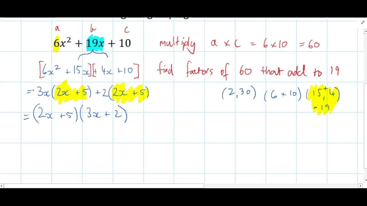 Factorising Non-Monic Quadratics - grouping method - YouTube