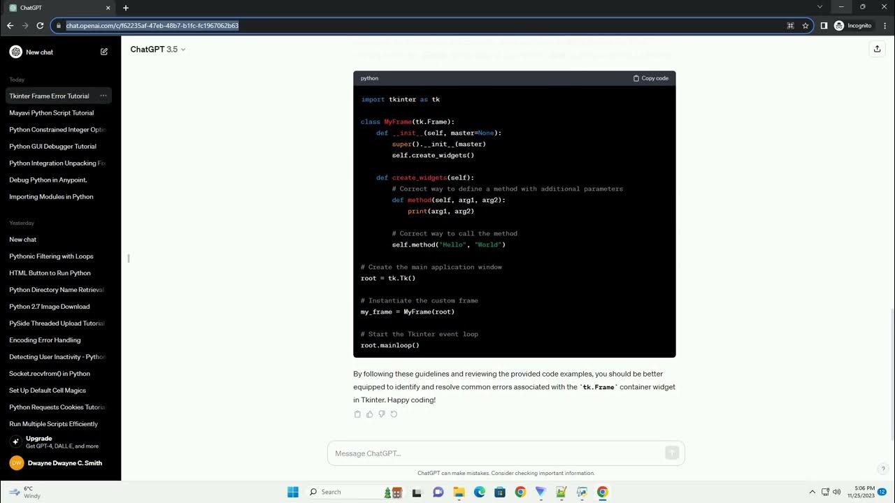 Python Tkinter tk Frame container widget error in method - YouTube