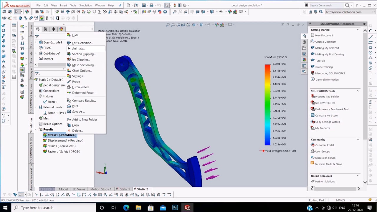 How to do simulation of brake pedal in solidworks - YouTube