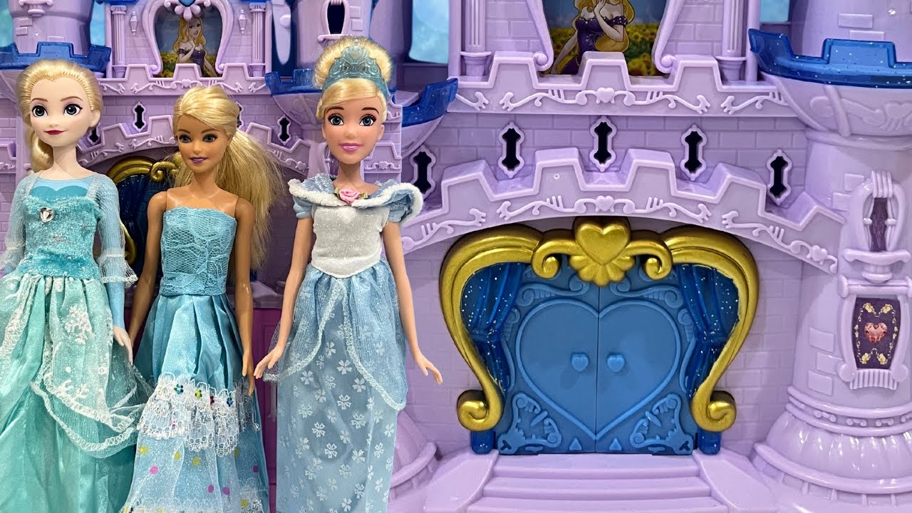 Princess Barbie Cinderella Elsa Purple Blue Castle! Morning to Night ...