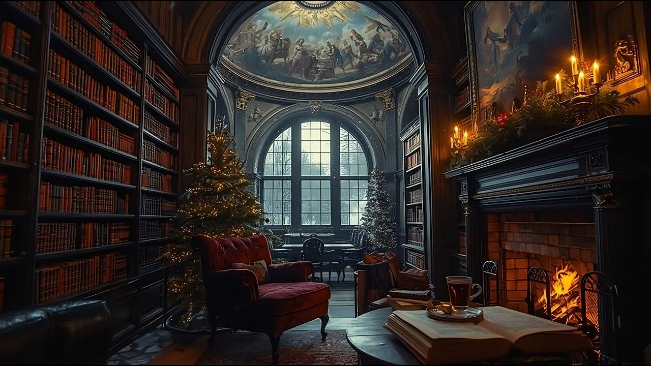 Gothic Winter Library 🕯️ Dark Academia with Fireplace & Wind Sounds ...