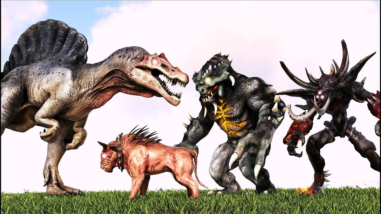 NEW α SPINOSAURUS VS HELLHOUND, BALROG & GOLIATH PYRIANS (ARK SURVIVAL ...