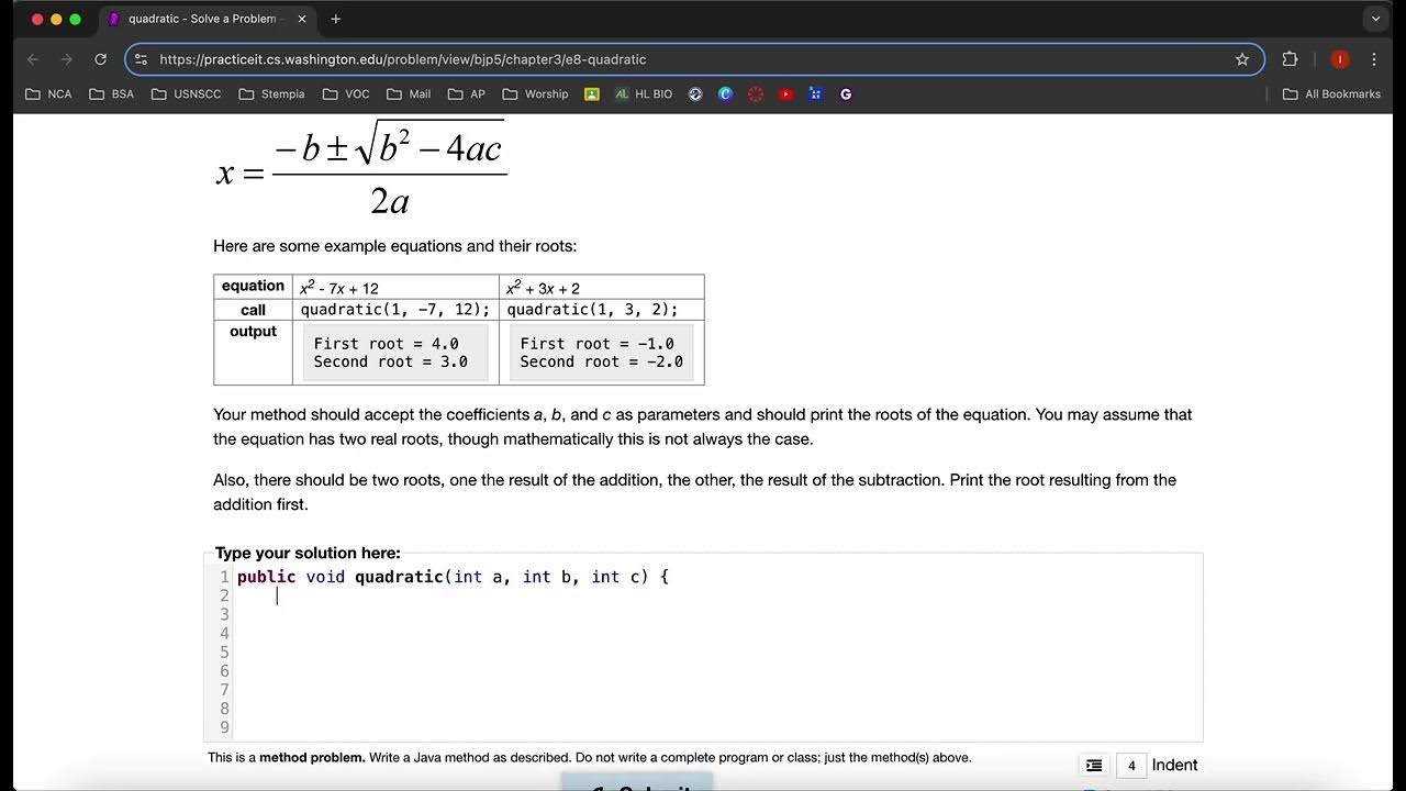 Exercise 3.8 (quadratic) Java Tutorial || Practice-It - YouTube