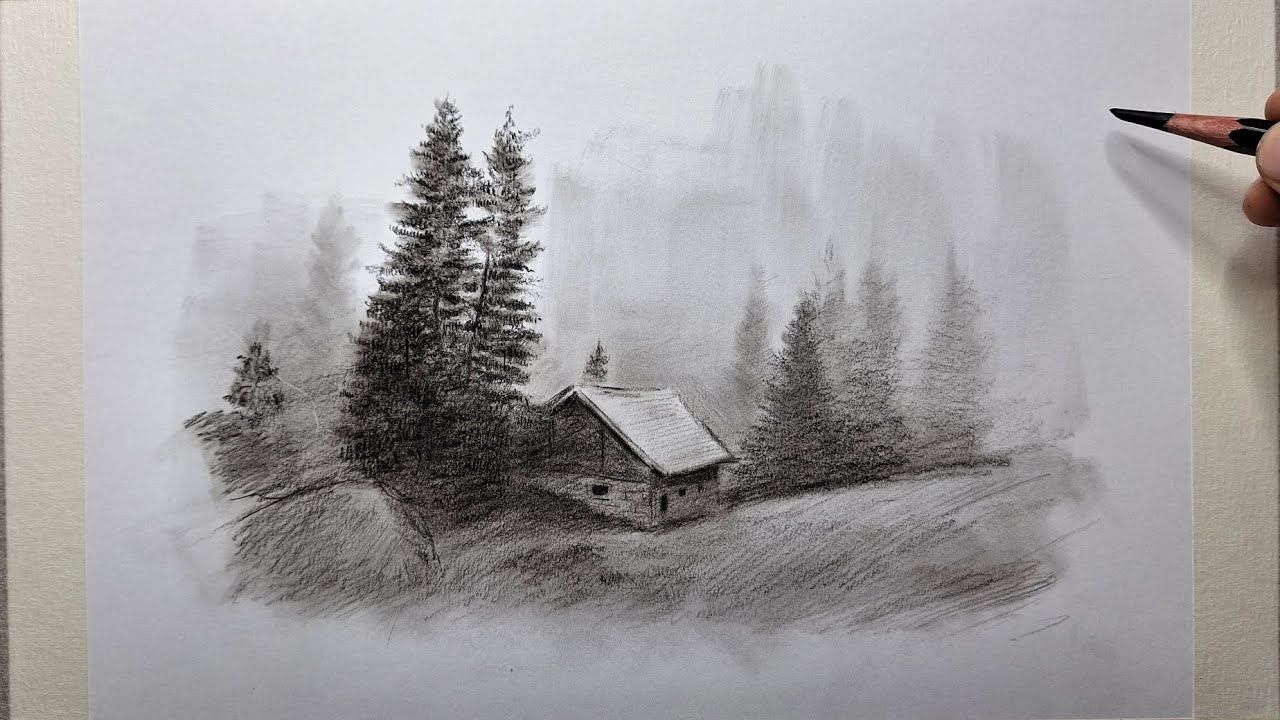 how to draw simple but realistic scenery - YouTube