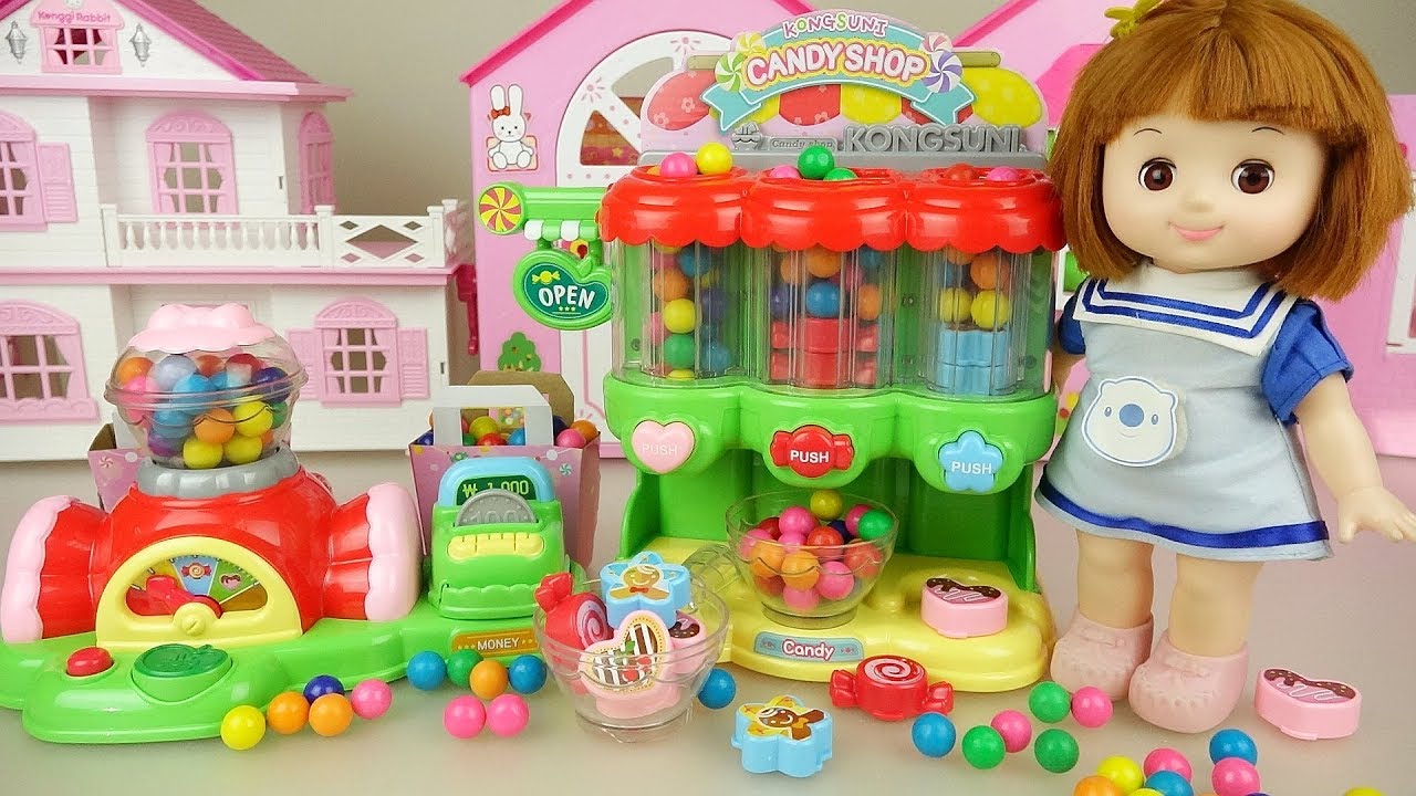 Candy vending machine baby doll shop play Doli house - YouTube