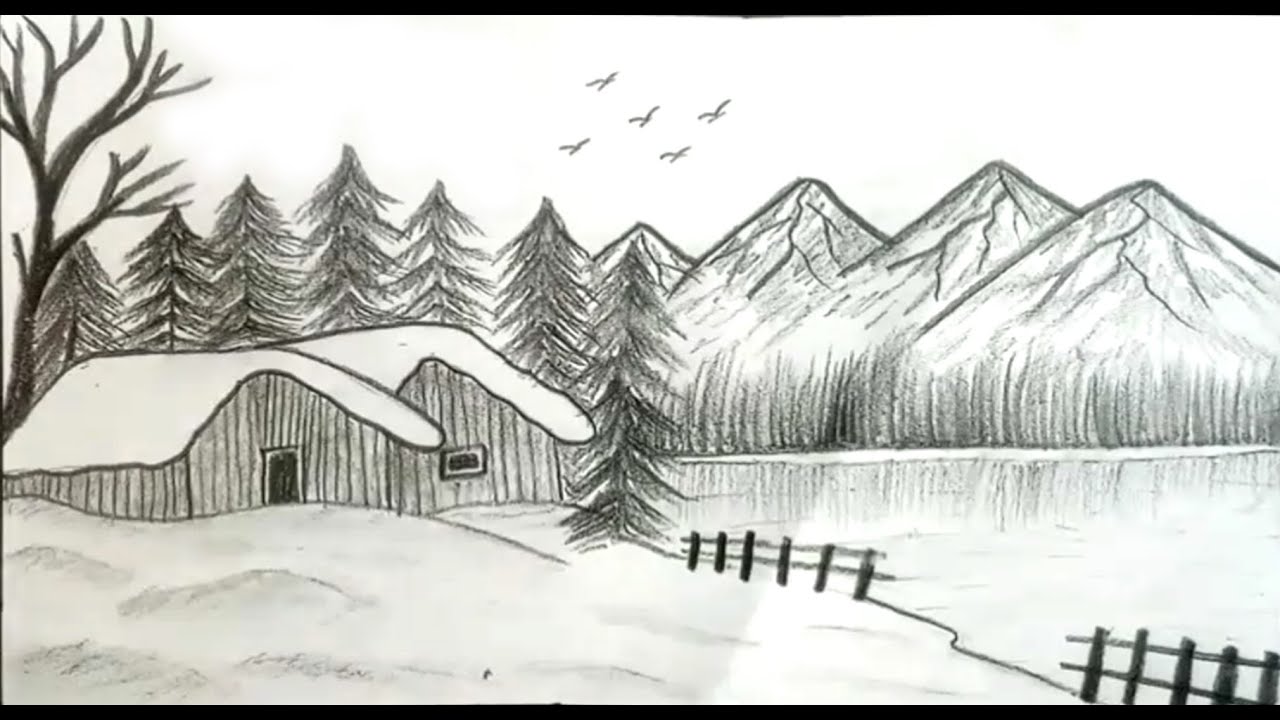 How to Draw Winter Landscape with pencil art || Easy Scenery Drawing ...
