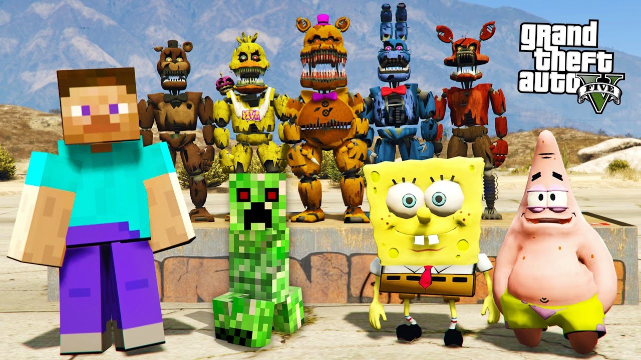 MINECRAFT meets FIVE NIGHTS AT FREDDY'S meets SPONGEBOB in GTA 5!! (GTA ...