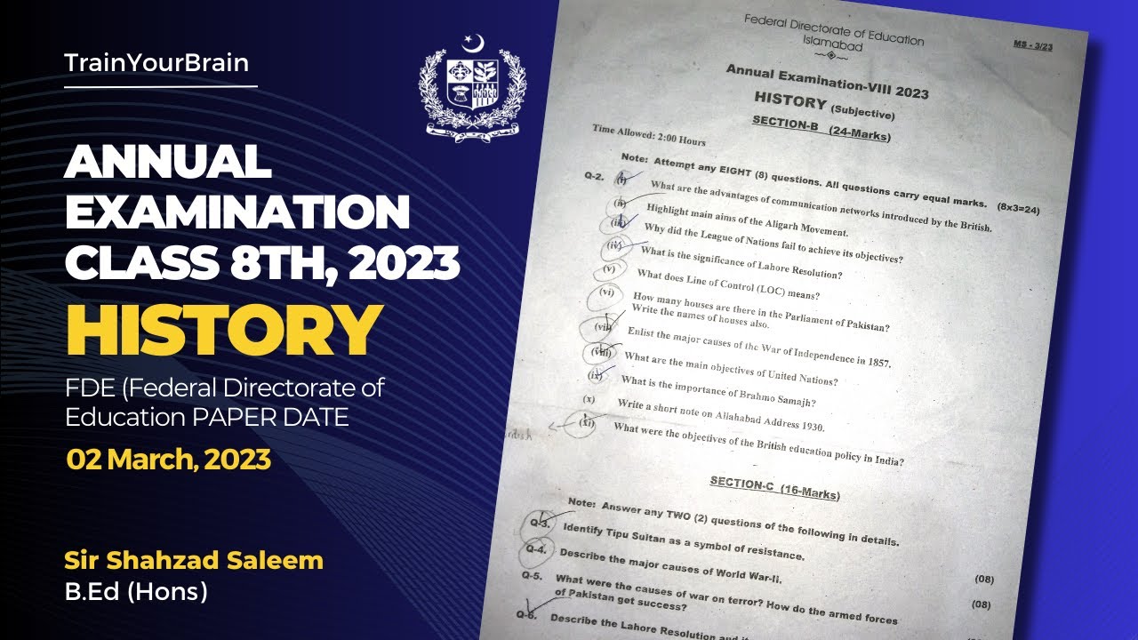 Class 8 Annual Examination 2023 FDE Islamabad || Date 2 March 2023 ...