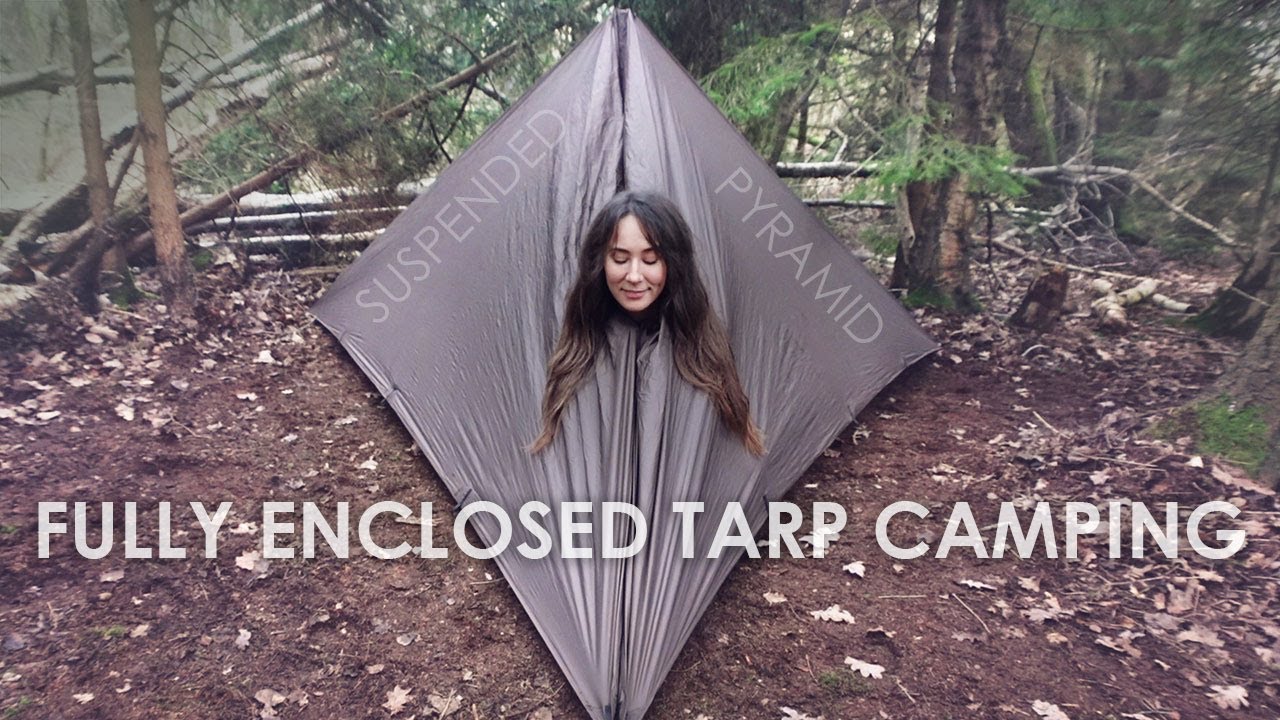 Fully Enclosed Tarp Camping • Pyramid Configuration + Sausage on Fire ...