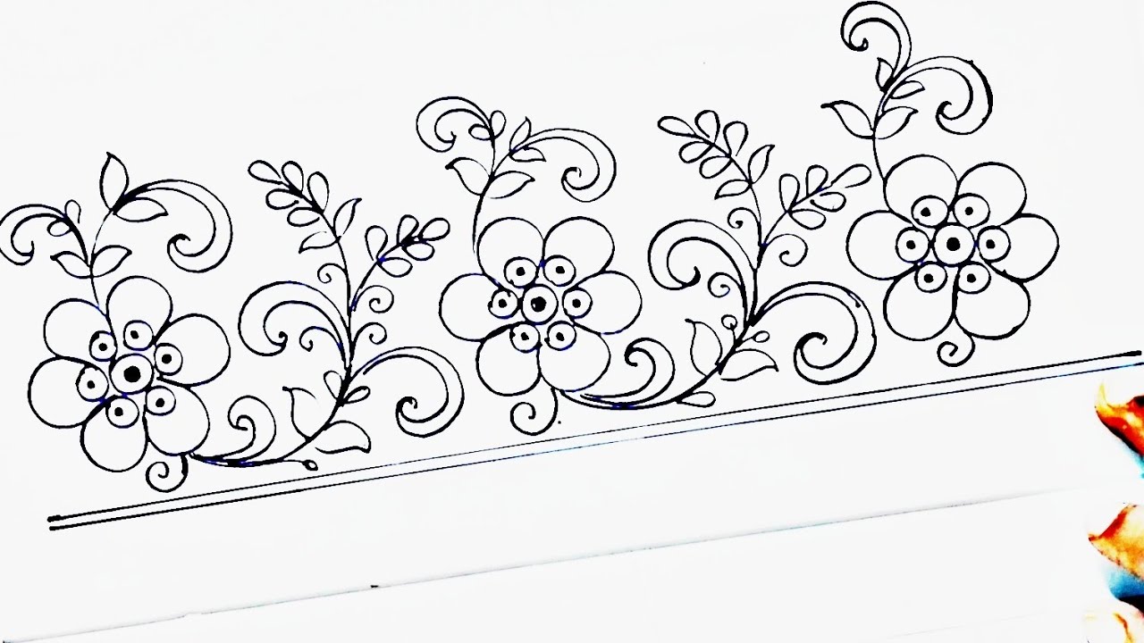 simple saree border design drawing, pencil sketch border - YouTube