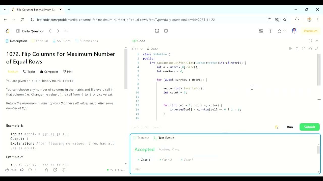 Flip Columns For Maximum Number of Equal Rows | 2 Approaches | #leetcodeproblems 1072 | #coding ...