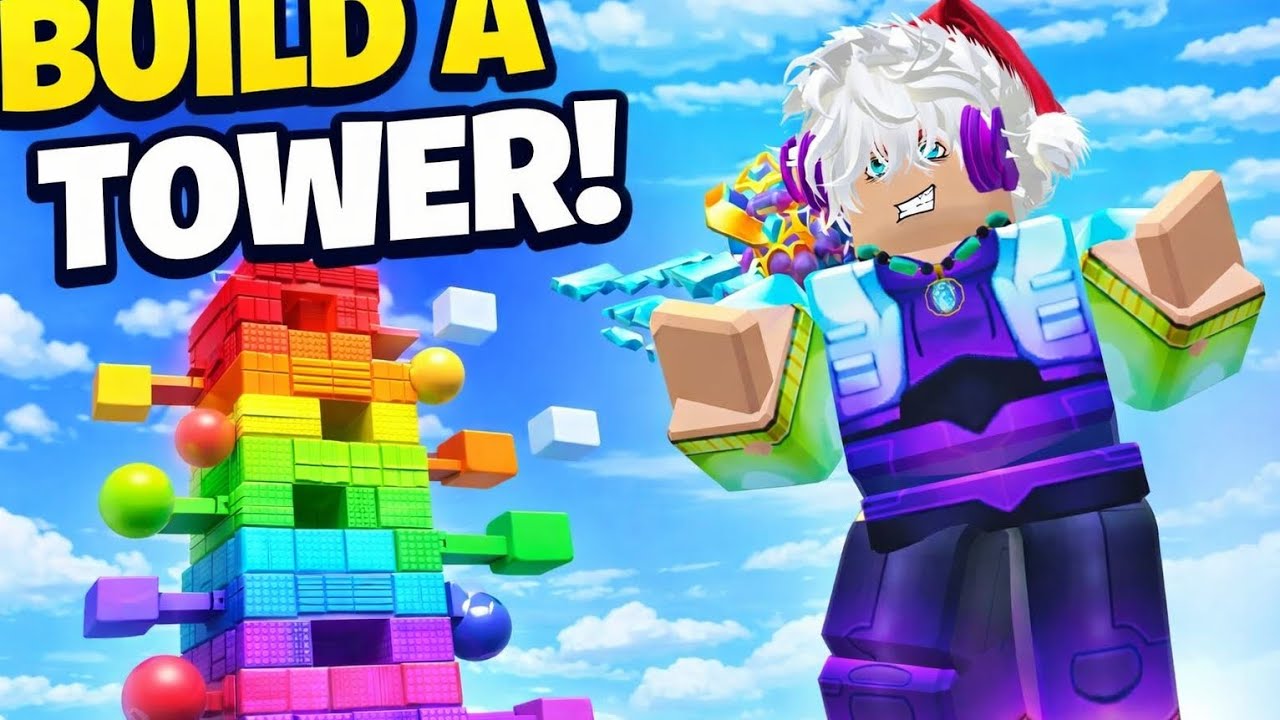 Roblox thumbnail: avatar right, rainbow obby tower left, bold text ...