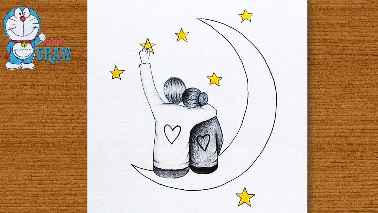 how to draw a romantic couple sitting on the moon with pencil drawing ...