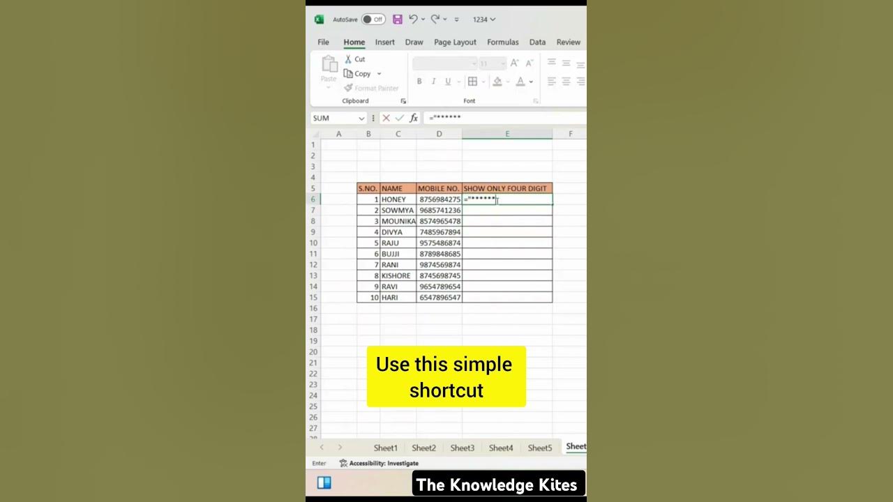 Hide first 6 digits of mobile number in excel using simple shortcut - YouTube