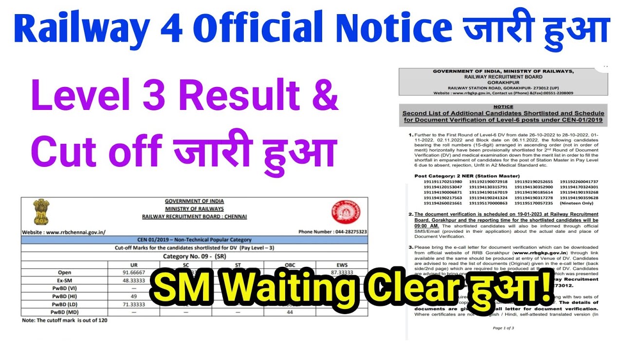 Railway 4 Official Notice जारी हुआ। Level 3 Result Cut off जारी हुआ ...